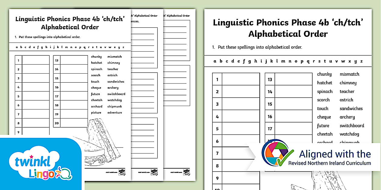 Linguistic Phonics Phase 4b 'ch/tch' Alphabetical Order
