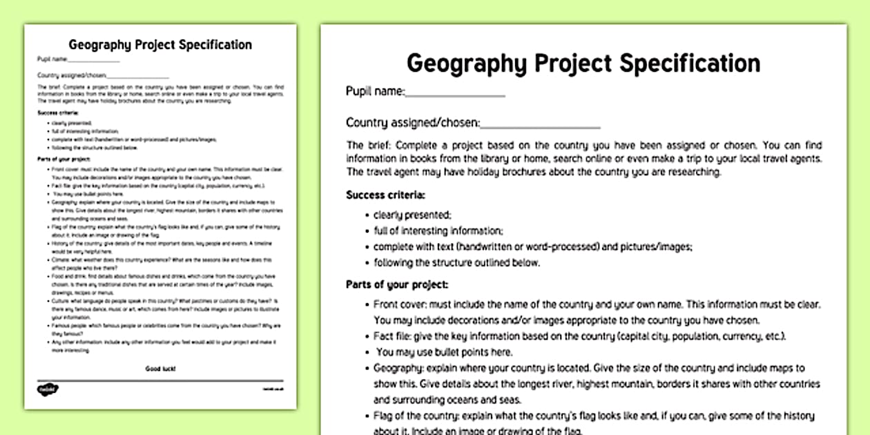 Editable Geography Country Project Specification Checklist