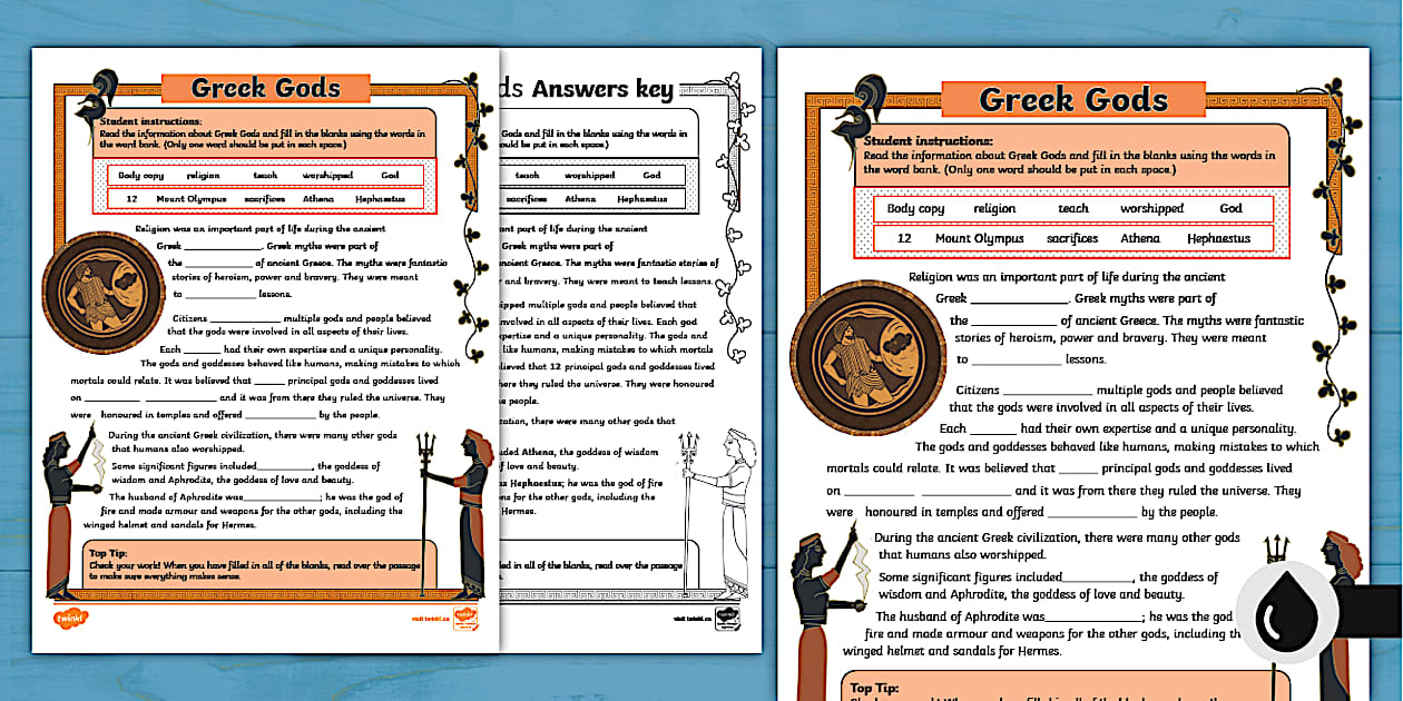 Greek Gods Cloze Activity (Teacher-Made) - Twinkl