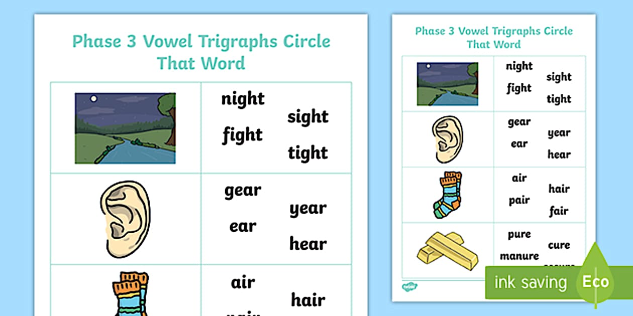Cursive Phase 3 Vowel Trigraphs Circle That Word Worksheet