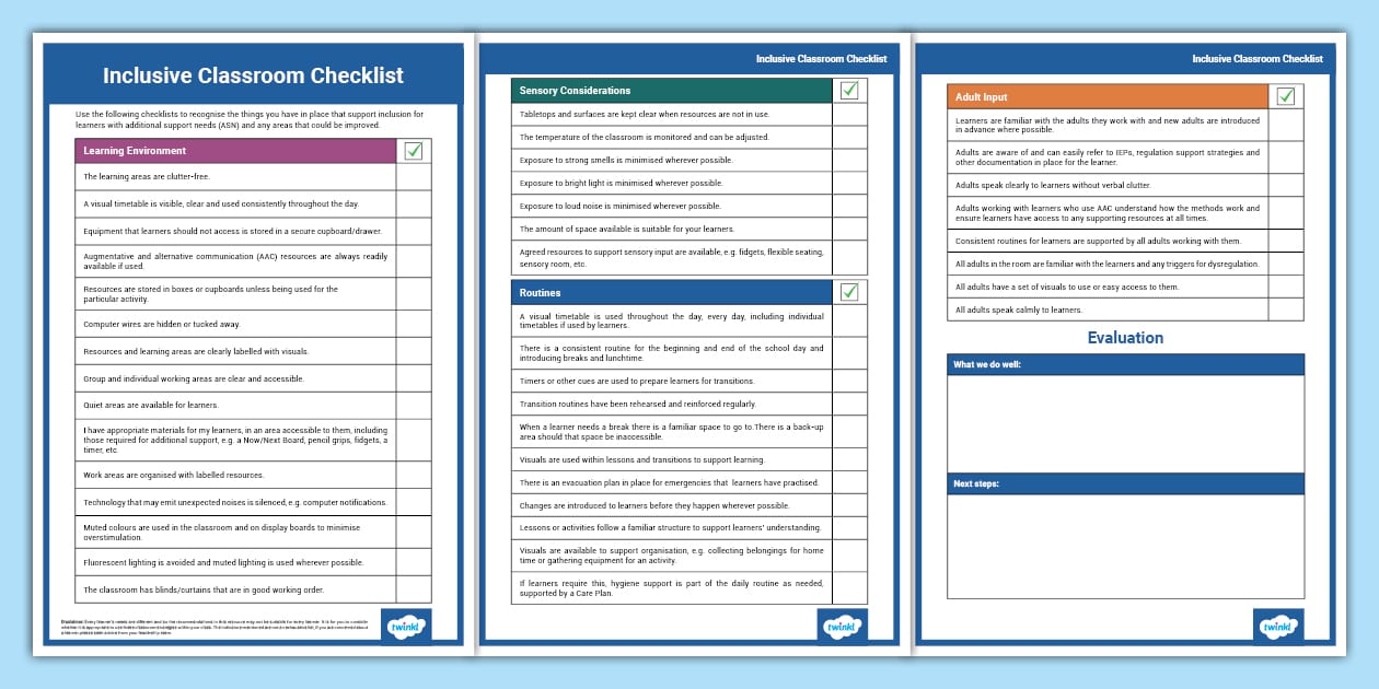 Inclusive Classroom Editable Checklist (teacher made)