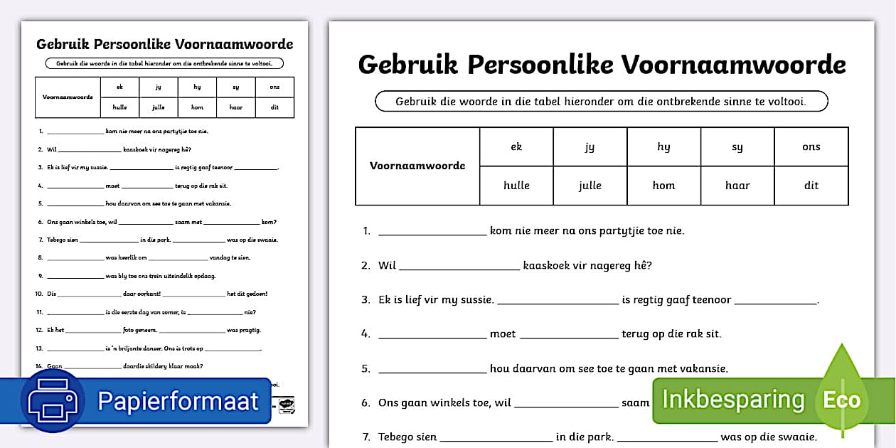 Gebruik Persoonlike Voornaamwoorde Aktiwiteit (teacher made)