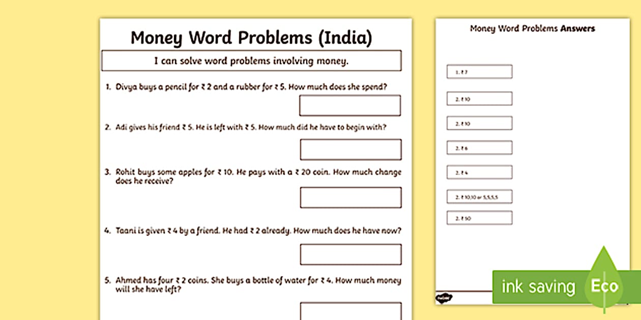 Word Problem with Indian Money Worksheet (teacher made)