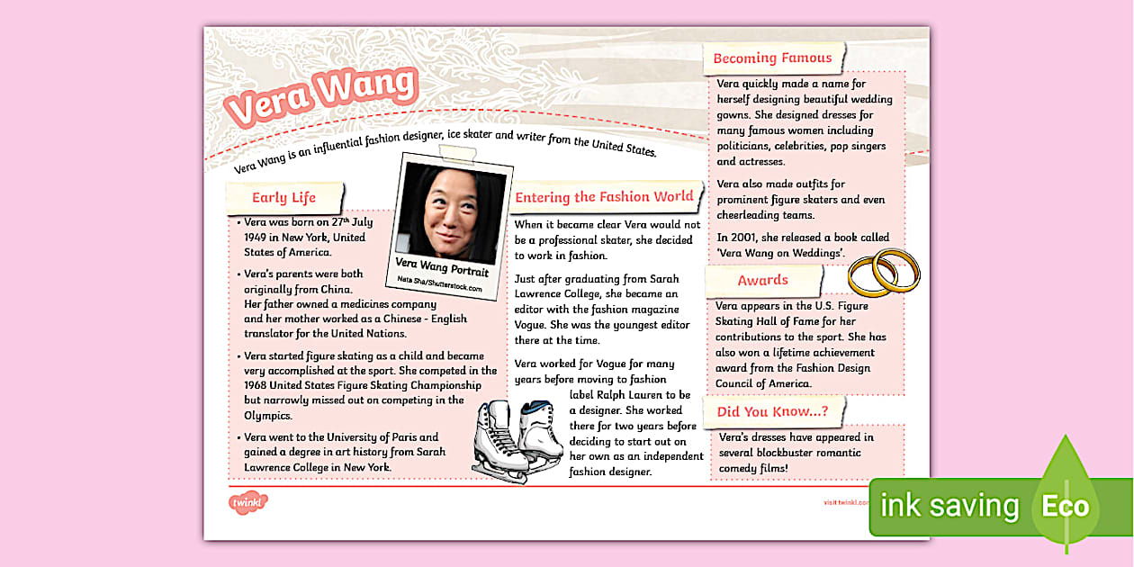 Vera Wang KS2 Fact File - Designers - Creative Arts - Twinkl