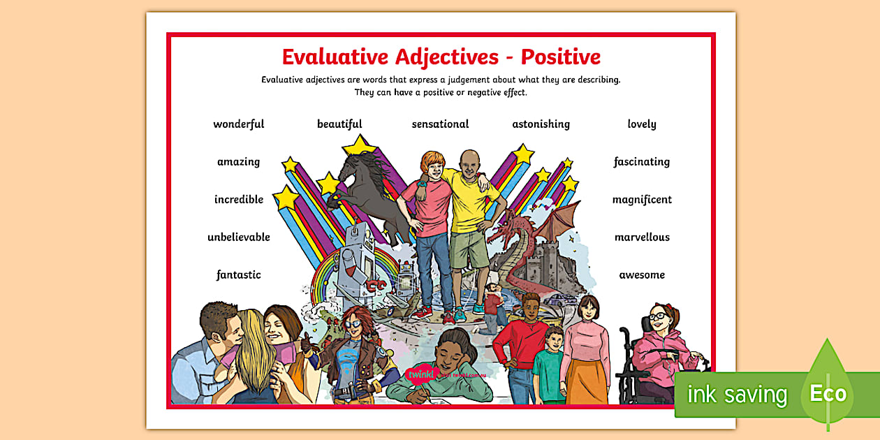 TAS Evaluative Writing Adjectives Positive Word Mat - Twinkl