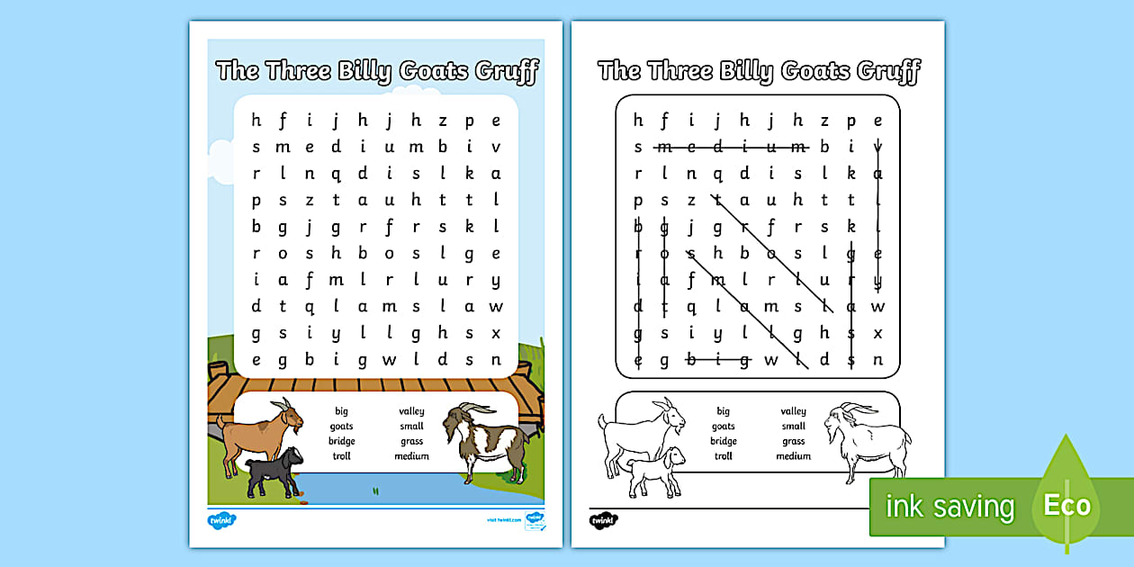 Editable The Three Billy Goats Gruff Word Search - Twinkl