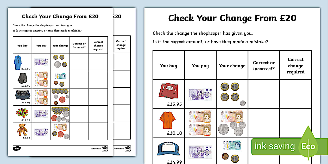 👉 Check Your Change From £20 Worksheet - Twinkl - KS2