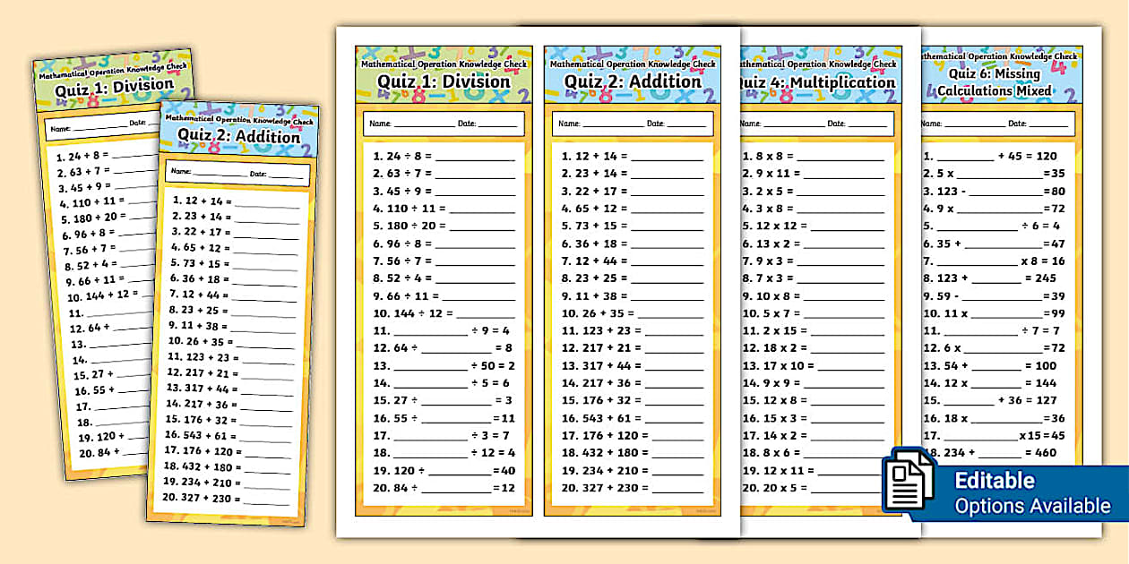Mathematical Knowledge Operation Check Quizzes - Twinkl