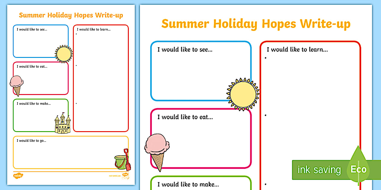 Summer Holiday Hopes Write Up Worksheet / Worksheet - Twinkl