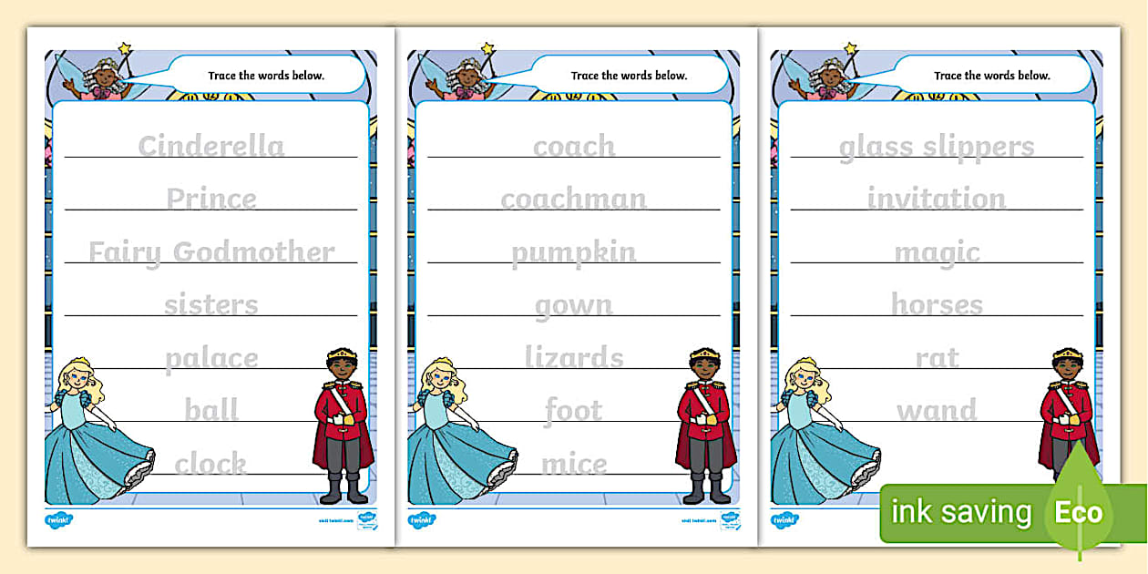 Precursive Cinderella Trace the Words Worksheets - Twinkl