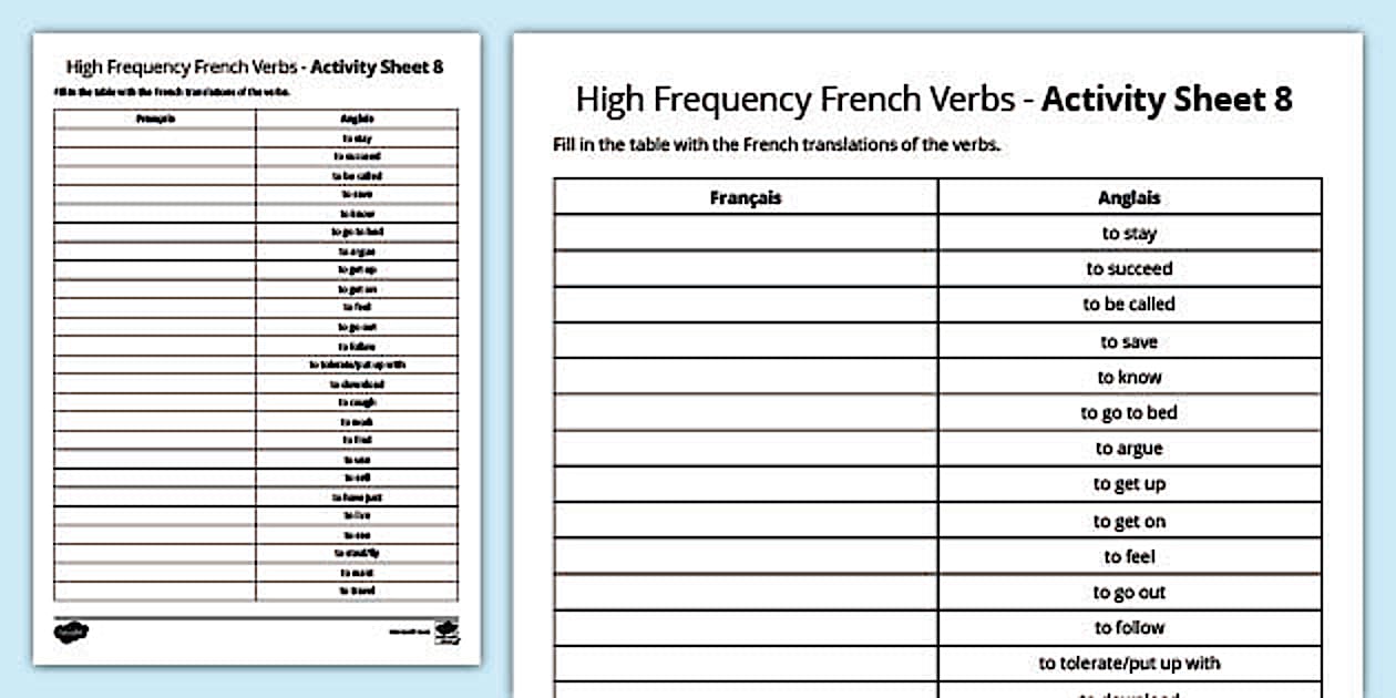100 High Frequency French Verbs Worksheet / Worksheet 8