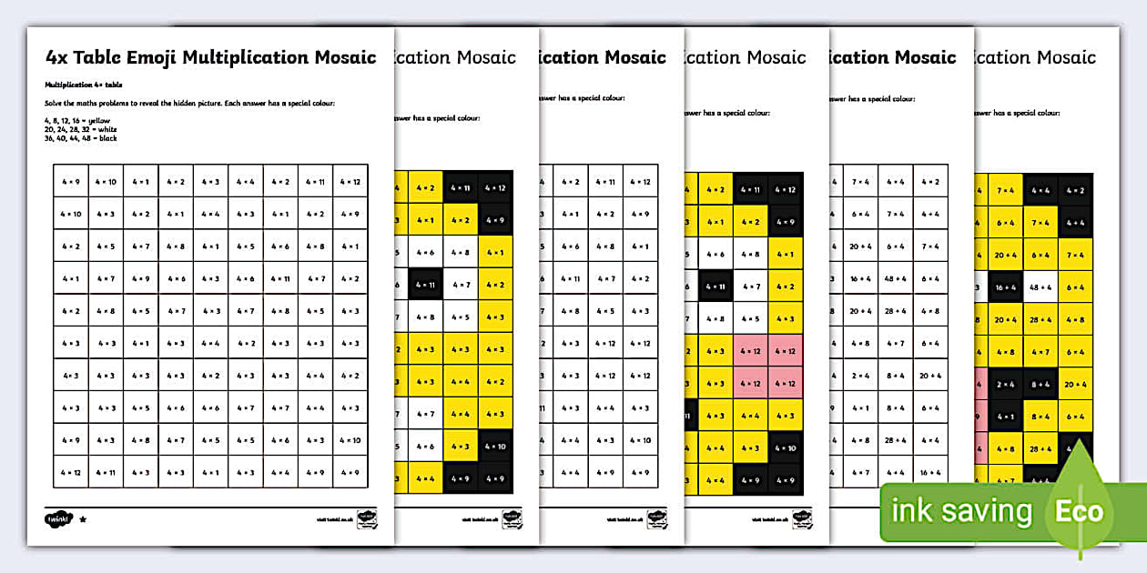 👉 😊 4x Table Emoji Multiplication Mosaic Differentiated Activity Sheets