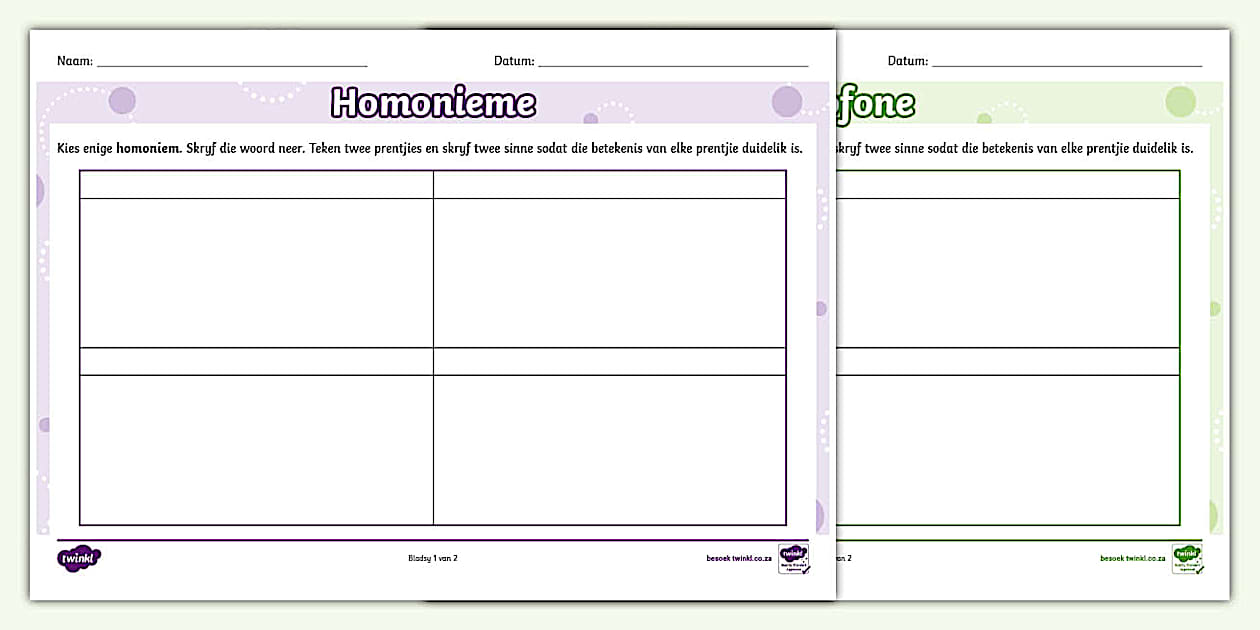 Homofone en Homonieme Skryf en Teken Aktiwiteit - Twinkl