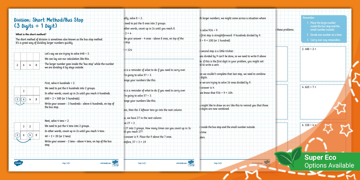 Division: Short Method/Bus Stop (3 Digits ÷ 1 Digit)