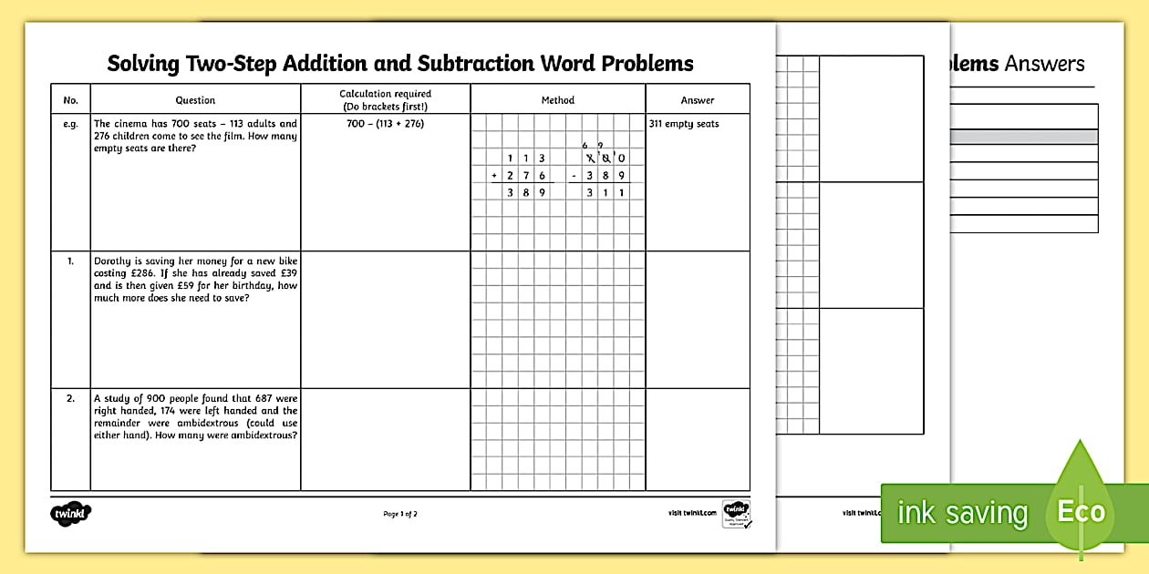 Editable Two-Step Addition and Subtraction Word Problems