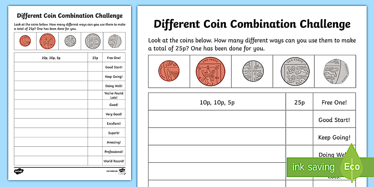 Different Coin Combination Challenge Worksheet / Worksheet