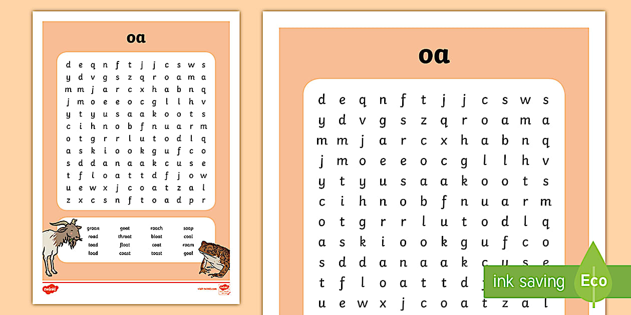 Black and White 'oa' Digraph Differentiated Wordsearch