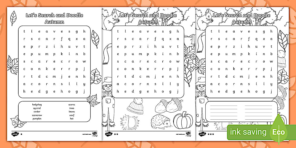 Let's Search and Doodle about Autumn Word Search - Twinkl