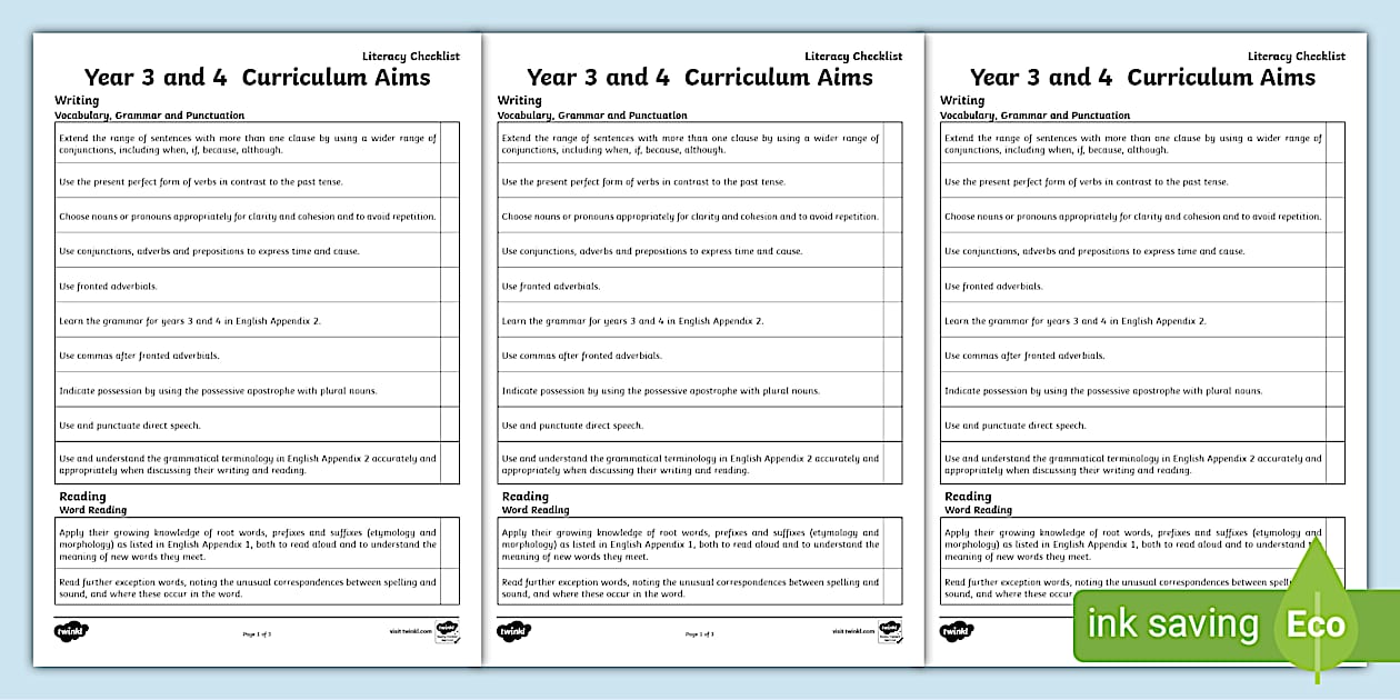 Year 3 and 4 Curriculum Aims Checklist - - Twinkl