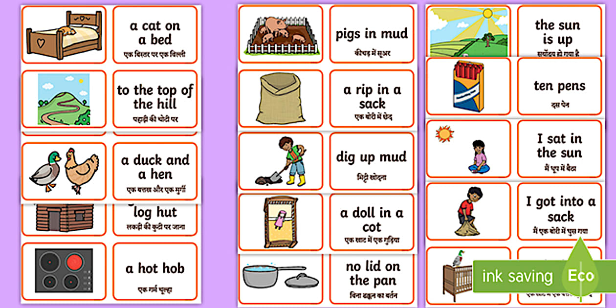 Pictures and Captions Sentence Matching Cards (English and Hindi)