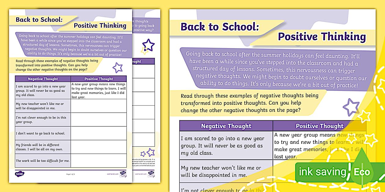 Back to School: Examples of Positive Thinking (teacher made)