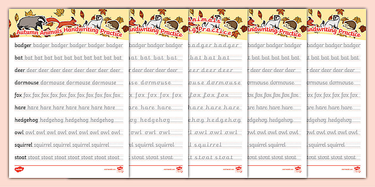 Autumn Animals Handwriting Practice Worksheet