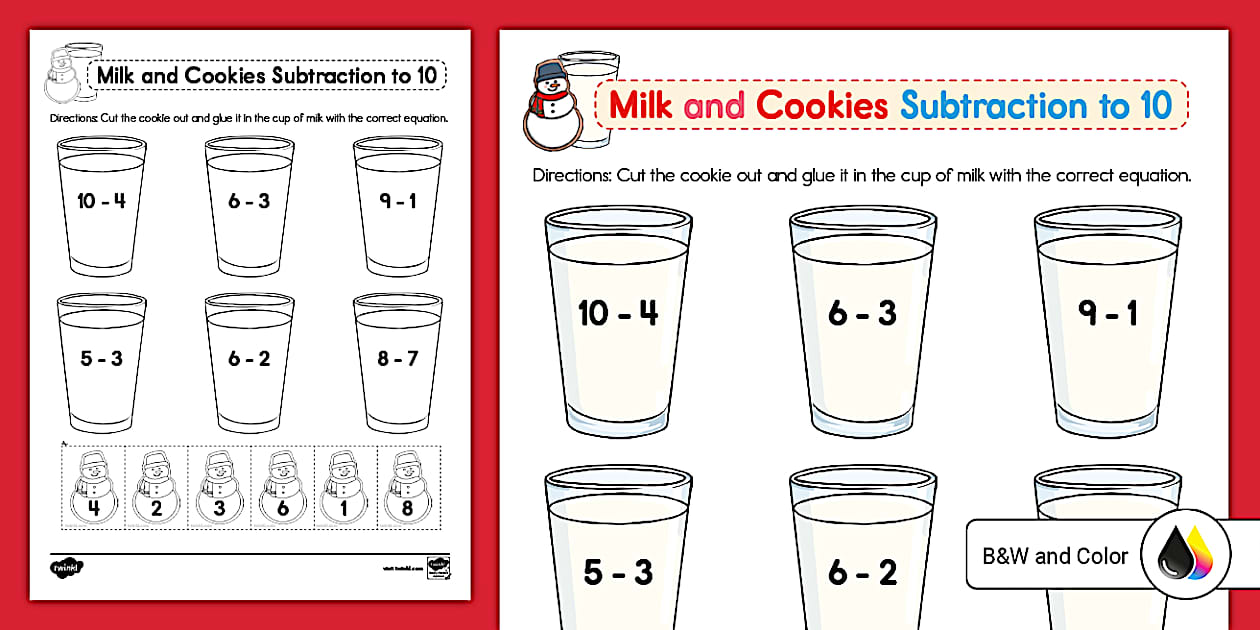 Milk and Cookies Subtraction to 10 Cut and Paste Activity