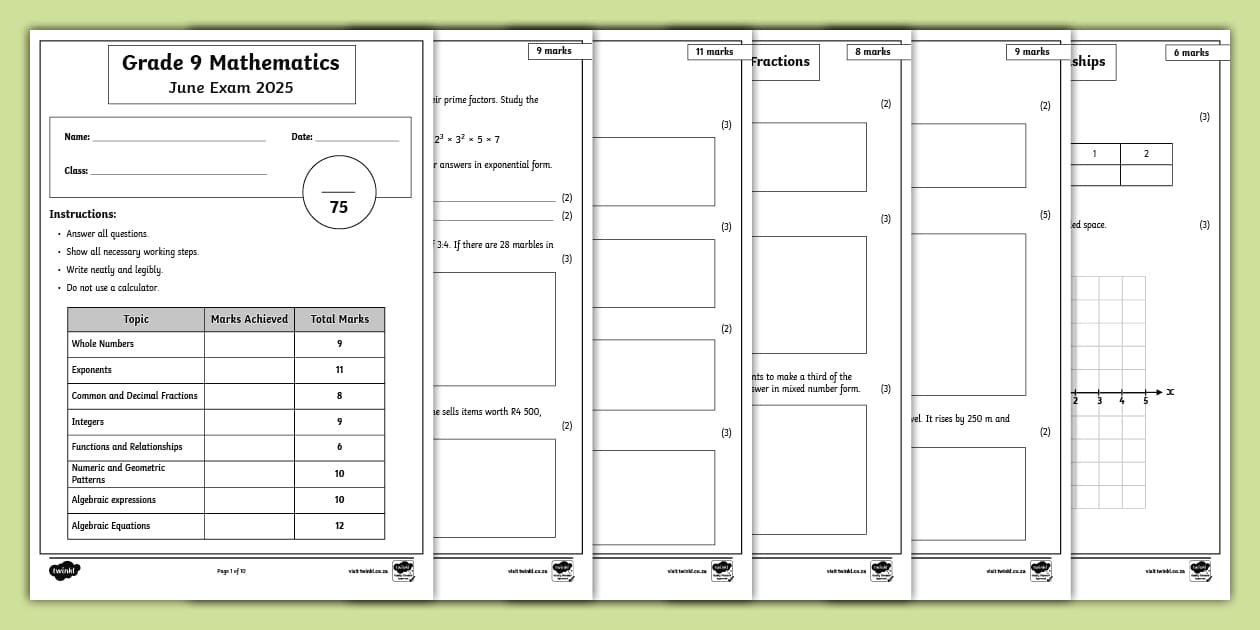 Mathematics Grade 9 June Exam Papers - Twinkl South Africa