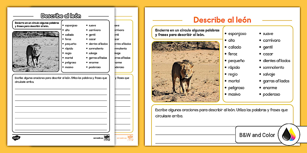 Actividad de escritura: Describe al león (Teacher-Made)