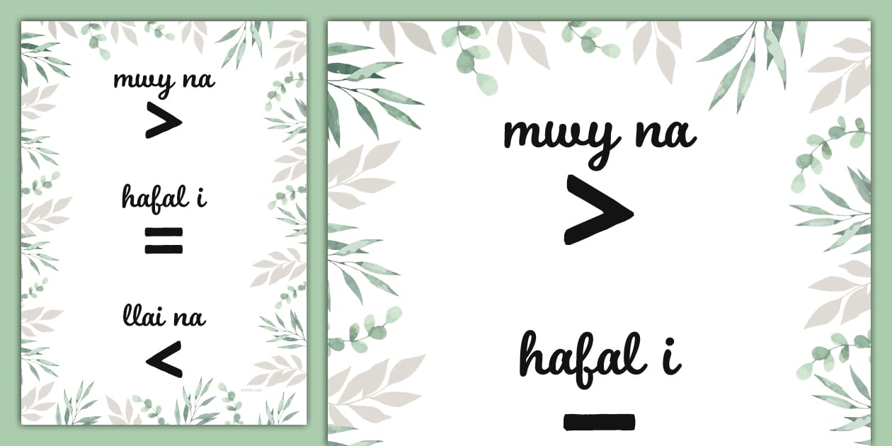 Poster 'yn fwy nag', 'yn llai nag' ac 'yn hafal i' Thema Botanegol