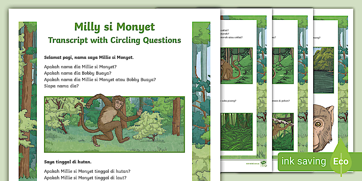 Indonesian Story: Millie si Monyet Transcript (Teacher-Made)