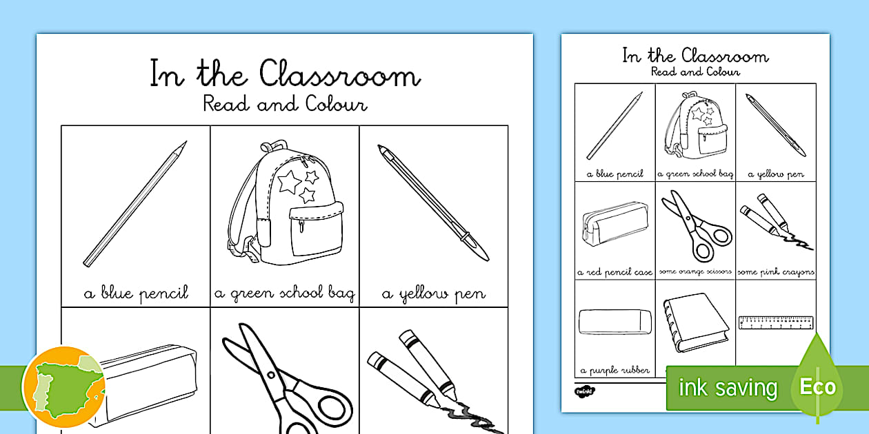 Lee y colorea: Objetos de la clase en Inglés (8 palabras)