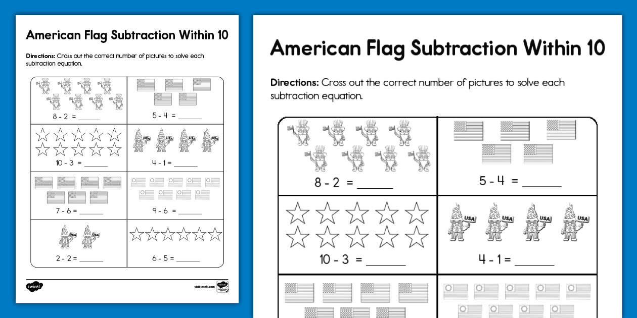 American Flag Subtraction Within 10 Worksheet (Teacher-Made)