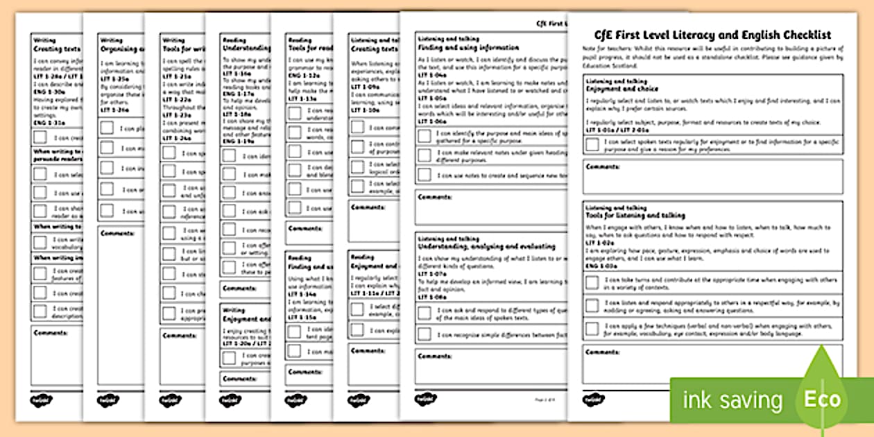 Editable CfE First Level Literacy and English Checklist
