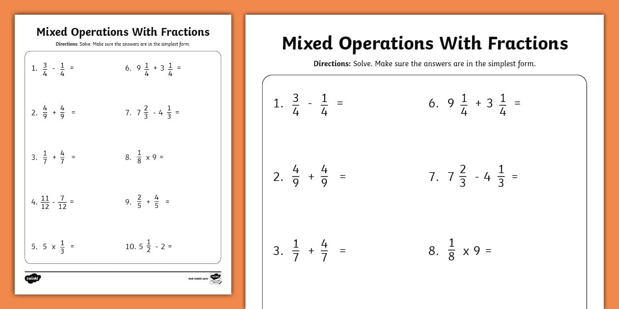Fourth Grade Mixed Operations With Fractions Worksheet