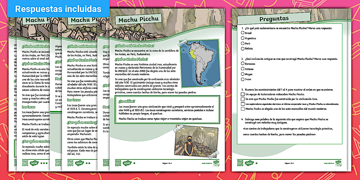 Comprensión lectora por niveles: Machu Picchu - Twinkl