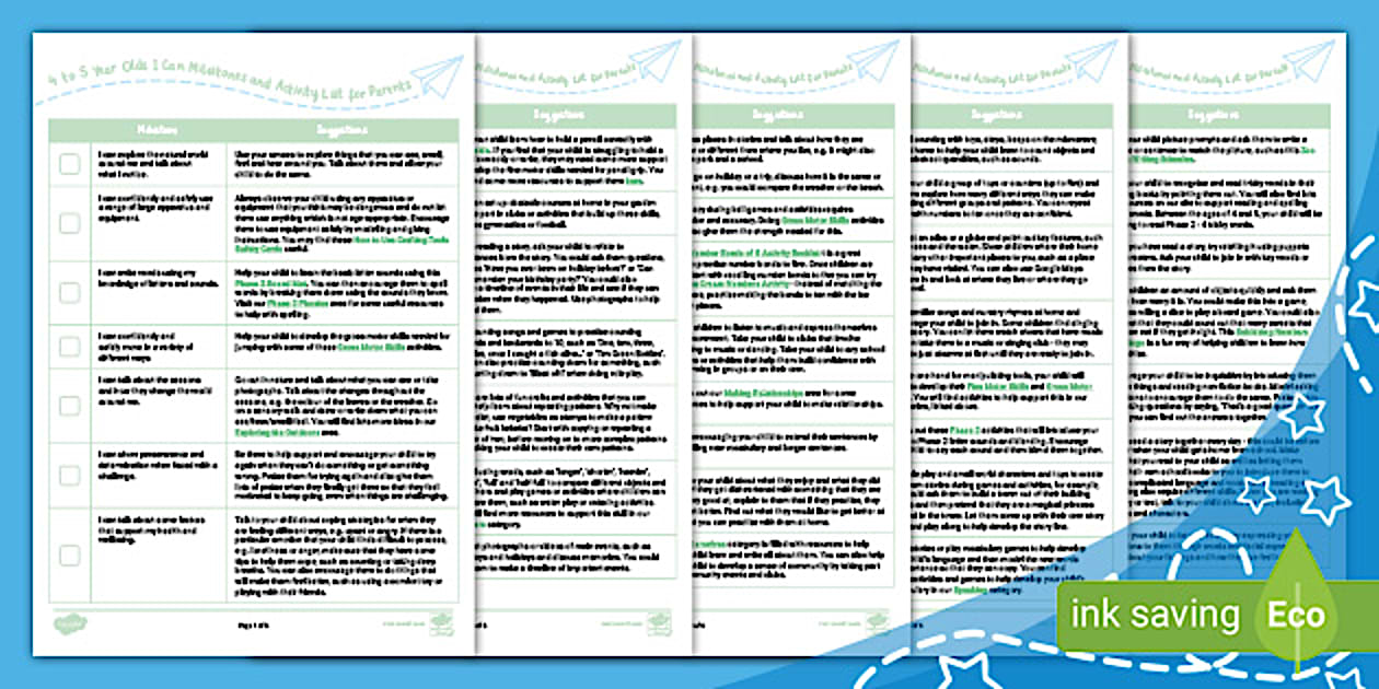 4-5 Year Olds I Can Milestones and Activity List for Parents