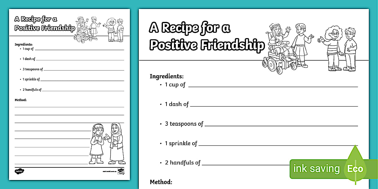 Recipe for a Positive Friendship Activity І Twinkl.
