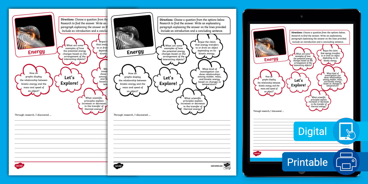 Energy Research Writing Worksheet for 6th-8th Grade - Twinkl