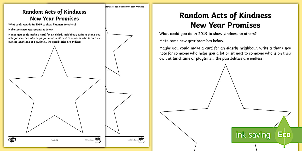 Random Acts of Kindness New Year Promises CfE First Level Writing Worksheet