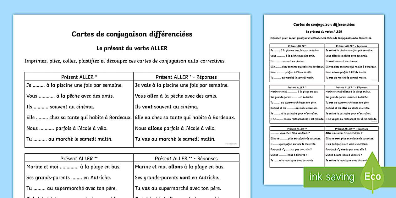 Cartes de conjugaison - aller au présent - Twinkl CA