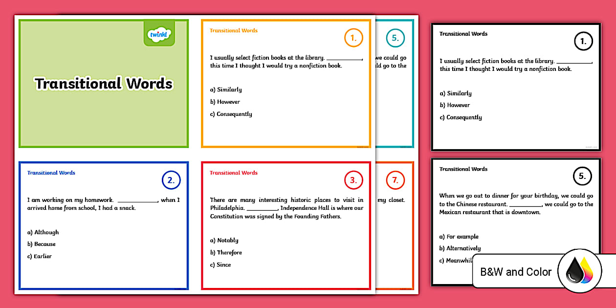Transitional Words Task Cards for 3rd-5th Grade - Twinkl