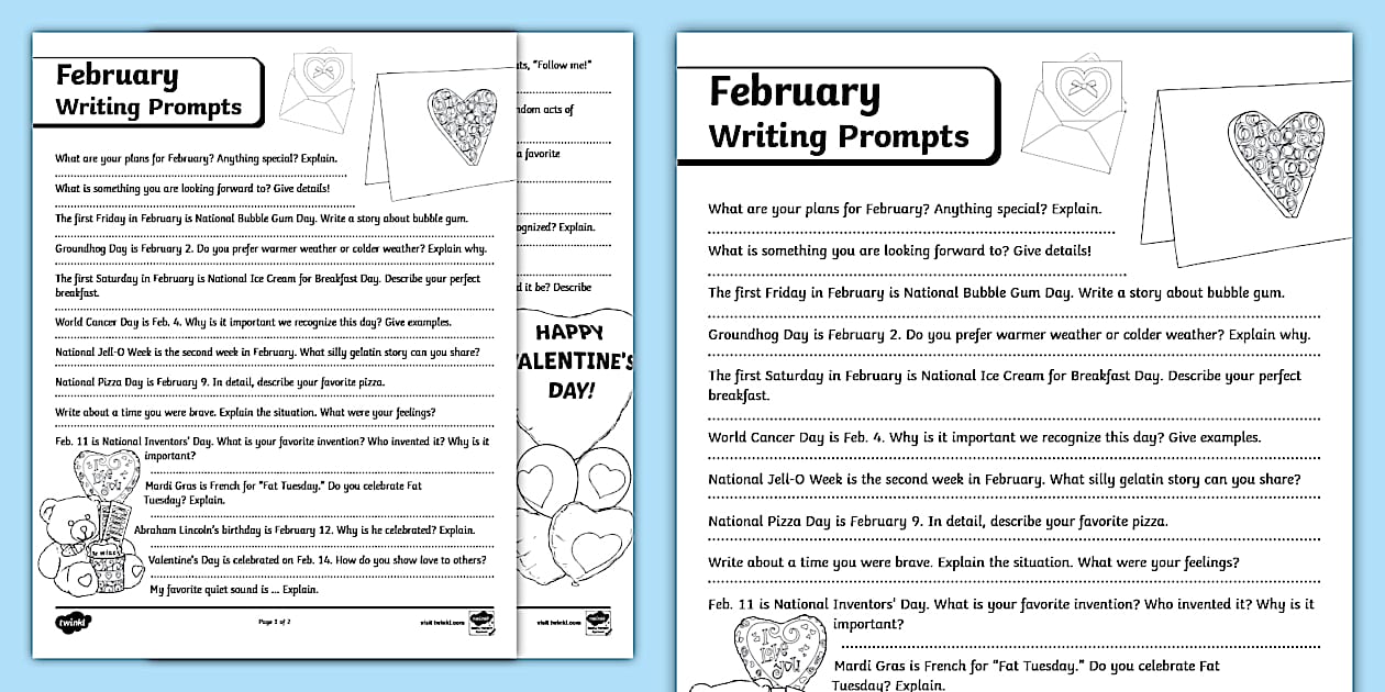 Eight Grade Journal by the Month - February Writing Prompts