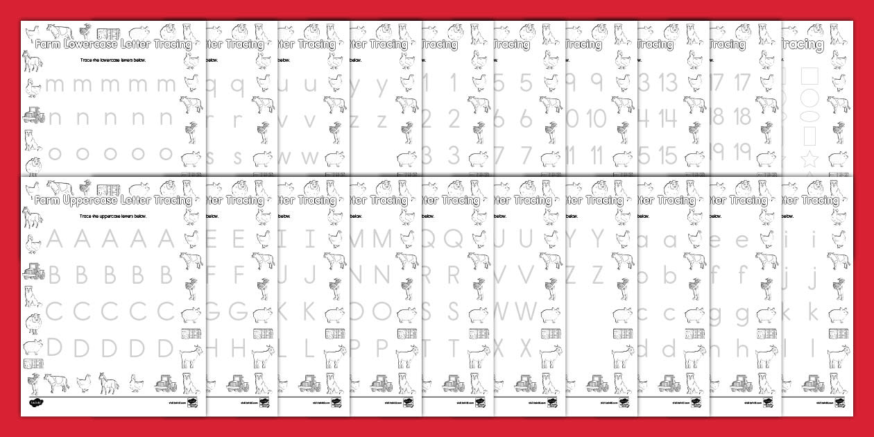 Farm Letters, Numbers, and Shapes Tracing Activities