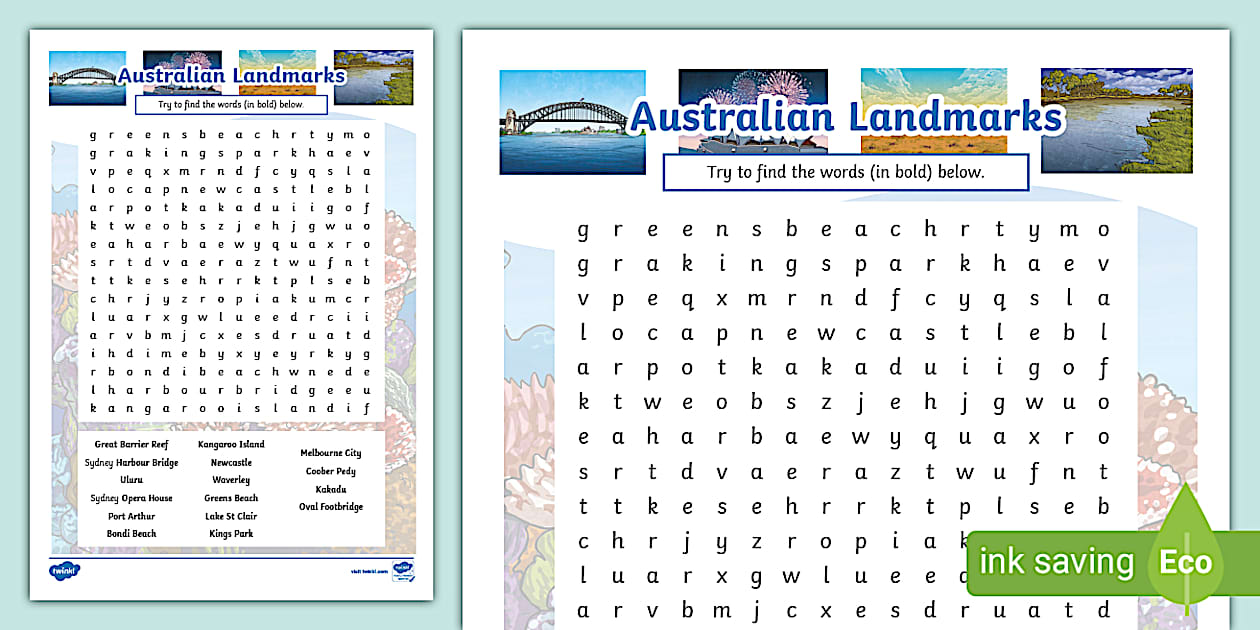 Australian Landmarks Word Search - Twinkl - KS2