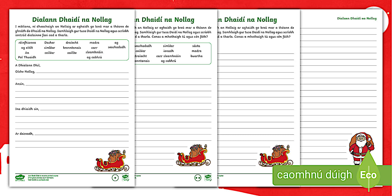 A Christmas Collar Santa's Diary Writing Worksheet Gaeilge