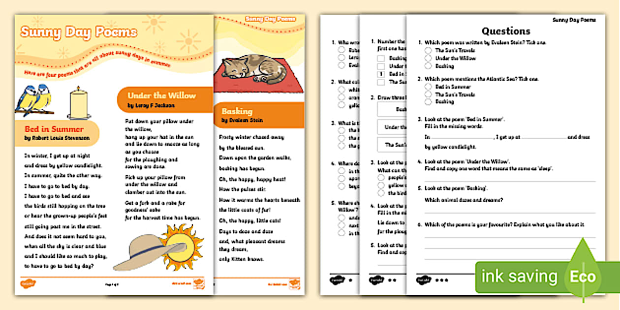Editable Sunny Day Poems for KS1 Kids Differentiated Reading Comprehension
