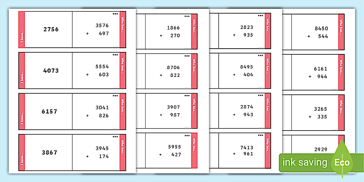 Addition of 4-Digit and 3-Digit Whole Numbers Loop Cards