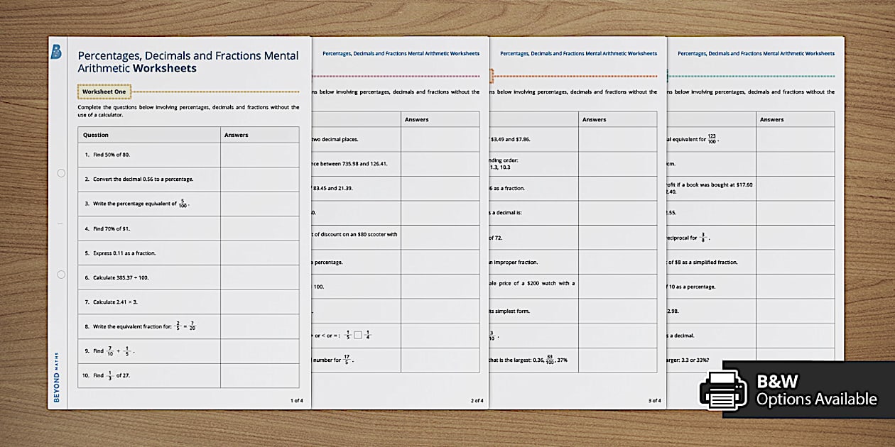 Percentages, Decimals and Fractions Mental Arithmetic Worksheets