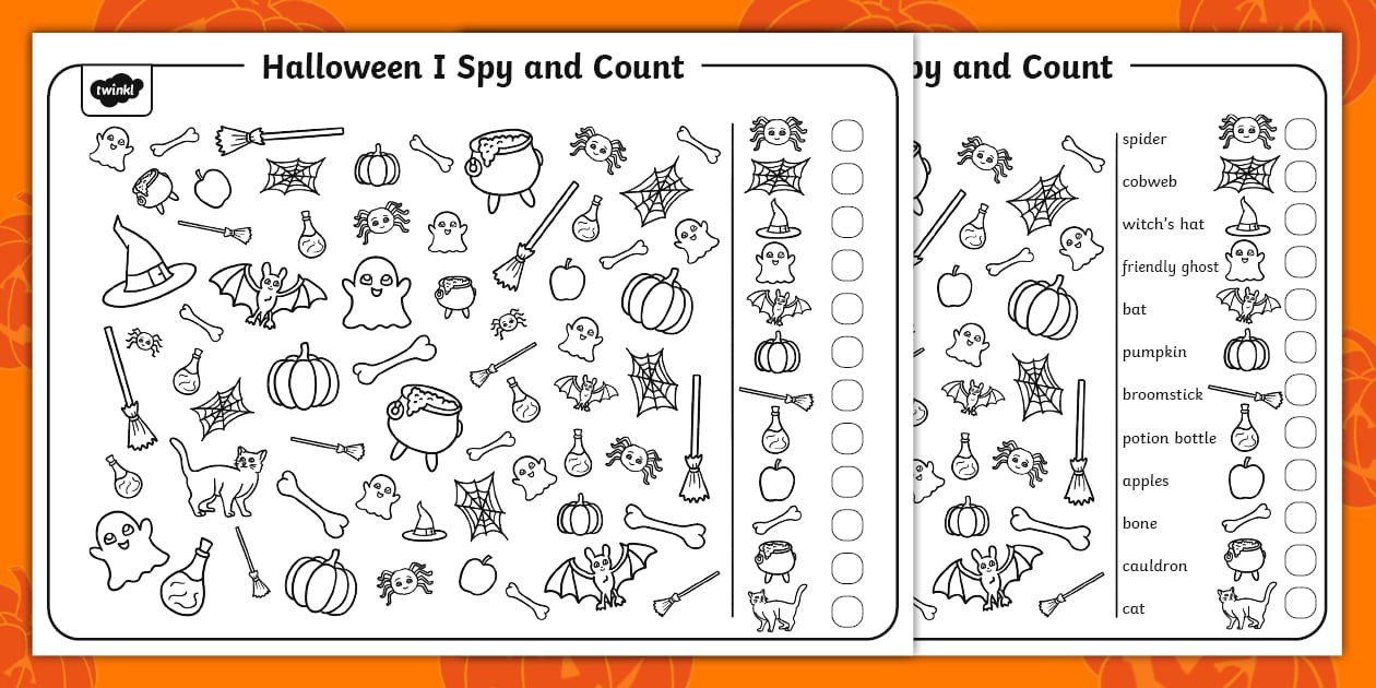 Halloween I Spy and Count Colouring Page (teacher made)